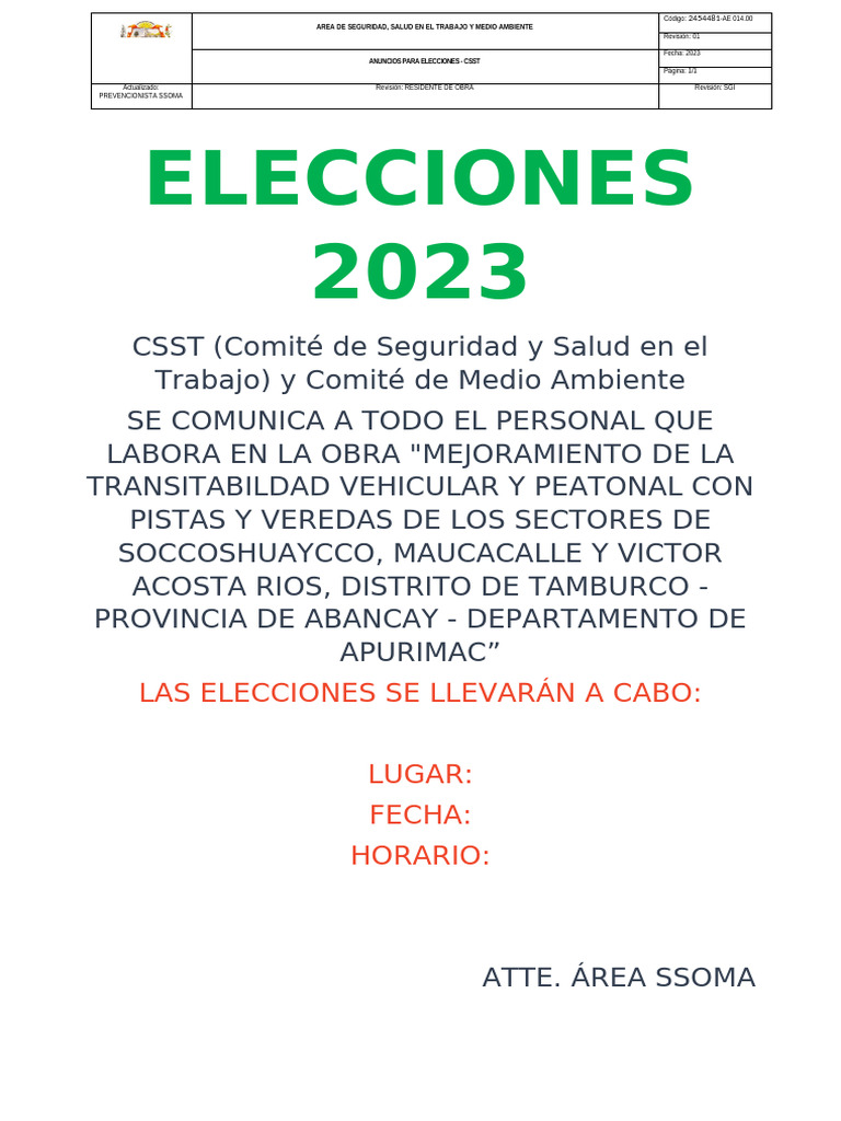 14.obra - Reg014.00 - Anuncios para Elecciones de CSST | PDF