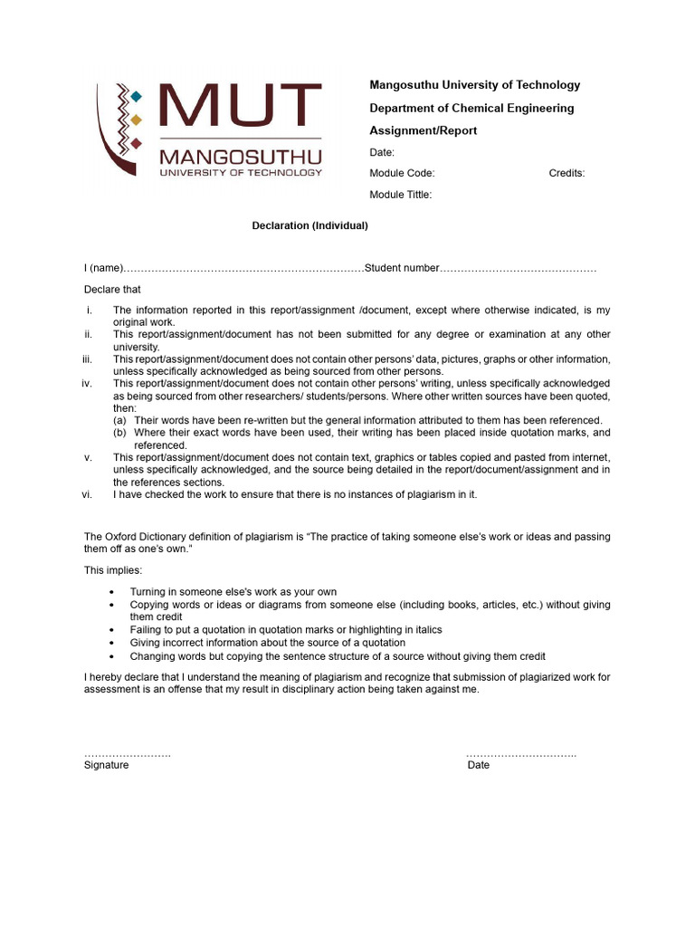 Plagiarism Declaration Form Template | PDF | Plagiarism