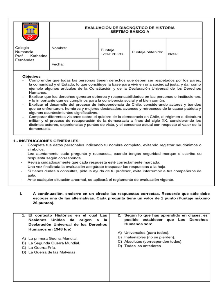 Prueba de Diagnóstico Historia 7°a | PDF | Chile | Neoliberalismo