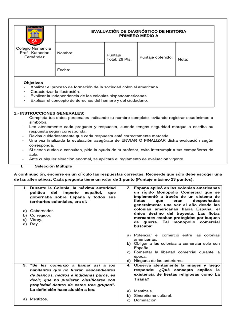 Evaluación Diagnóstica Historia 1° Medio | PDF | Era de iluminacion ...