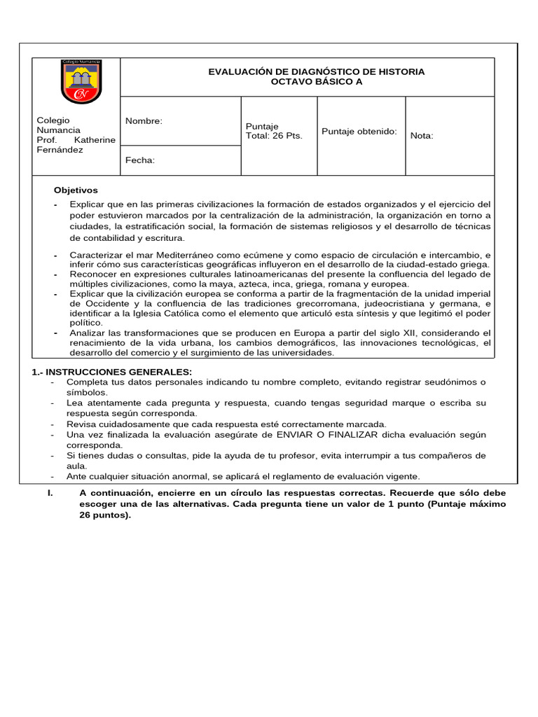Evaluación Diagnóstica Historia 8° Básico | PDF | Antigua Grecia ...