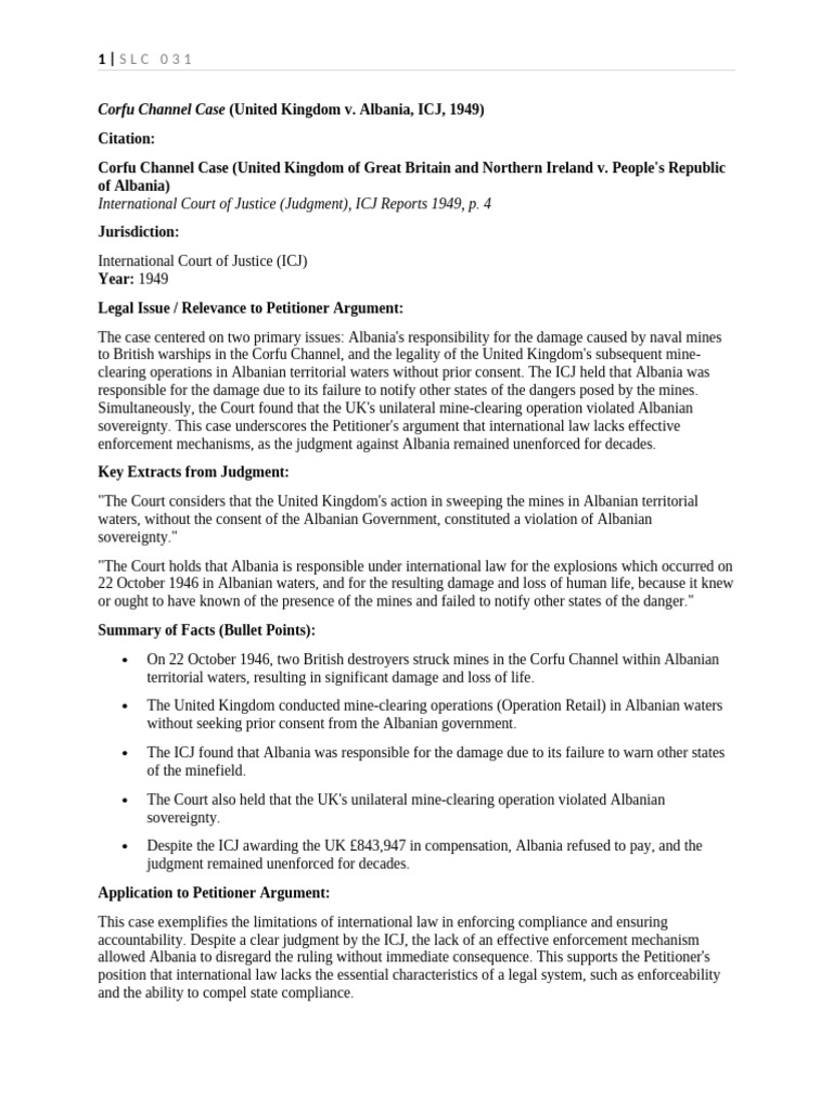 Corfu Channel Case (United Kingdom v. Albania, ICJ, 1949) | PDF | Justice | Crime & Violence