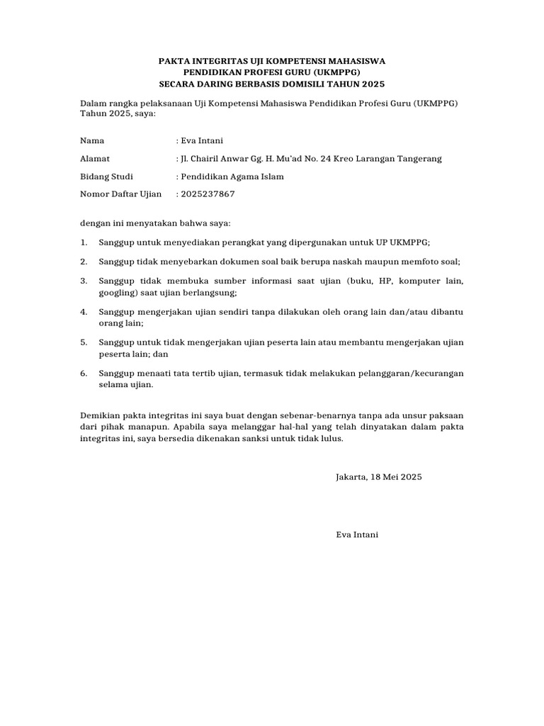 Pakta Integritas UKMPPG 2025 | PDF