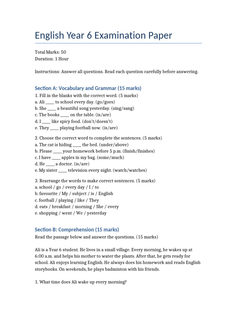English Year 6 Exam Paper | PDF