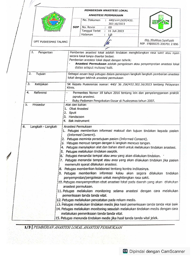 3.3 SOP Pemberian Anastesi Lokal Anastesi Permukaan | PDF