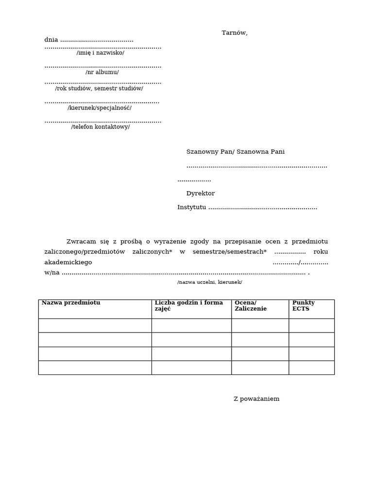 Wzor Podania Przepisanie Ocen | PDF