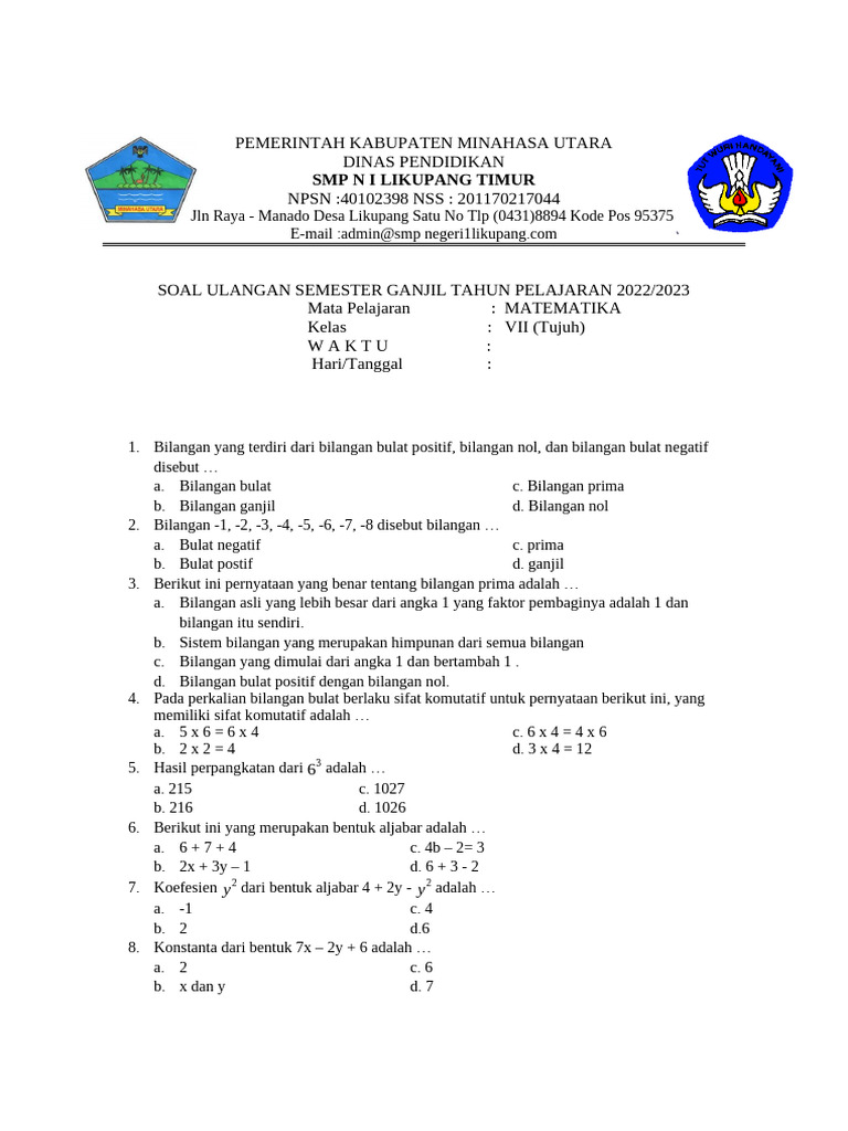 Soal Ulangan Matematika Kelas VII | PDF