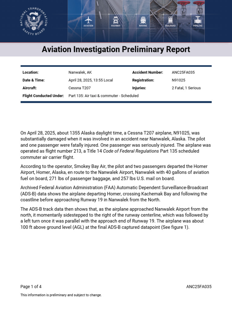 NTSB preliminary report on April 28, 2025, Nanwalek plane crash | PDF ...