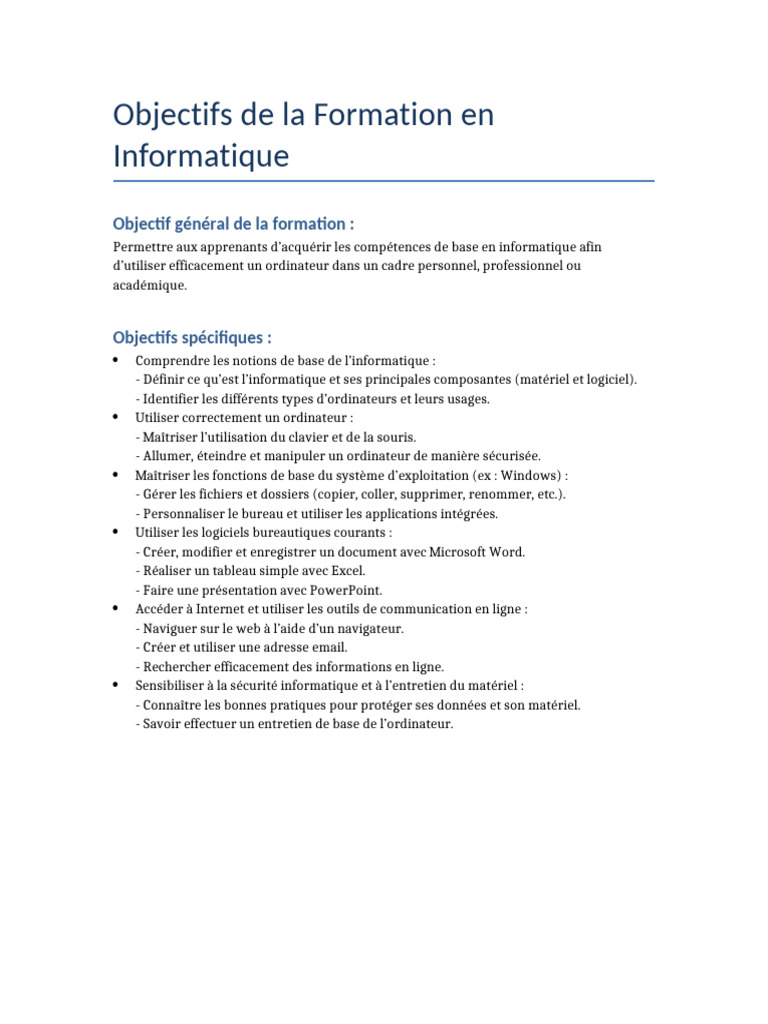 Objectifs de la Formation Informatique | PDF
