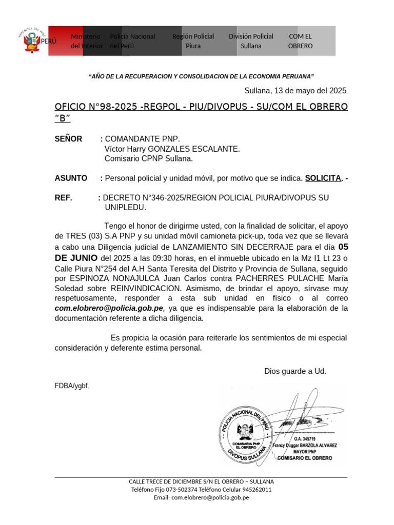 Oficios Solictar Apoyo Comisaria Sullana | PDF