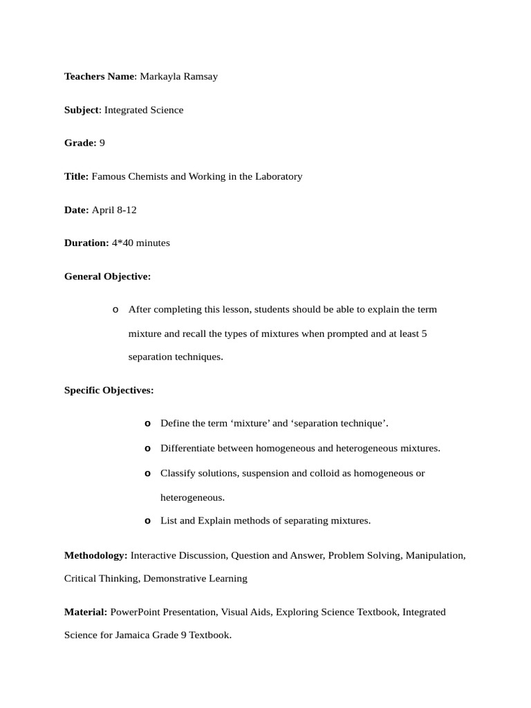Grade 9 Integrated Science Lesson Plan- Mixture and Separation ...