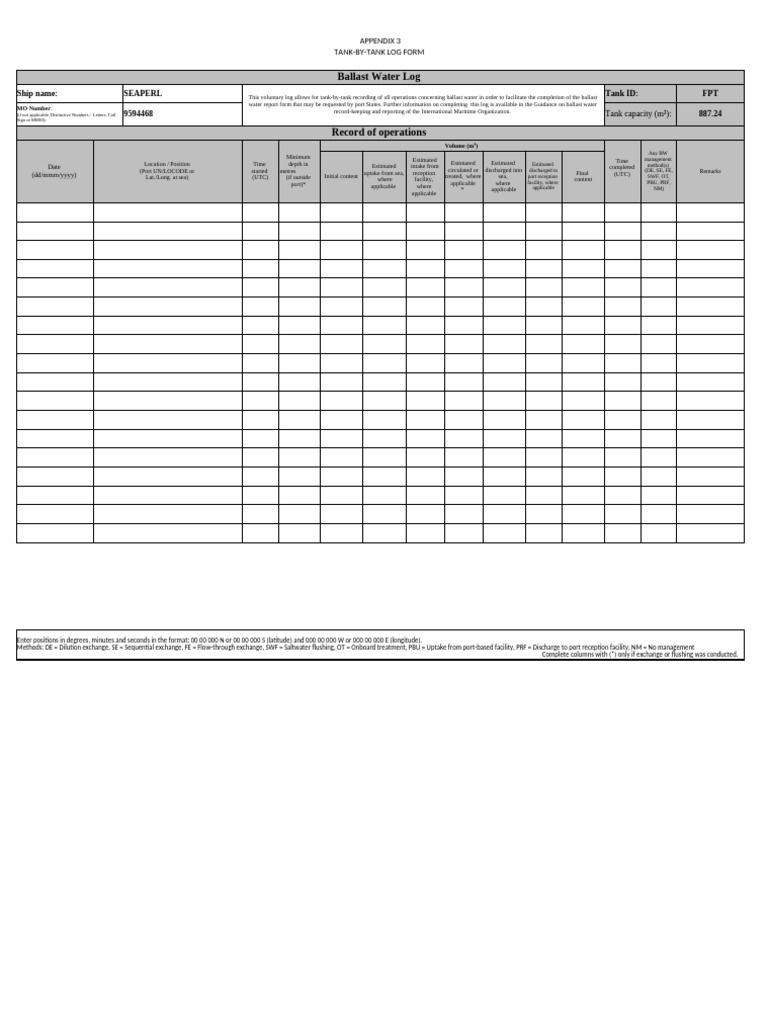 Ballast Water Tank Log Form | PDF | Water | Water Transport