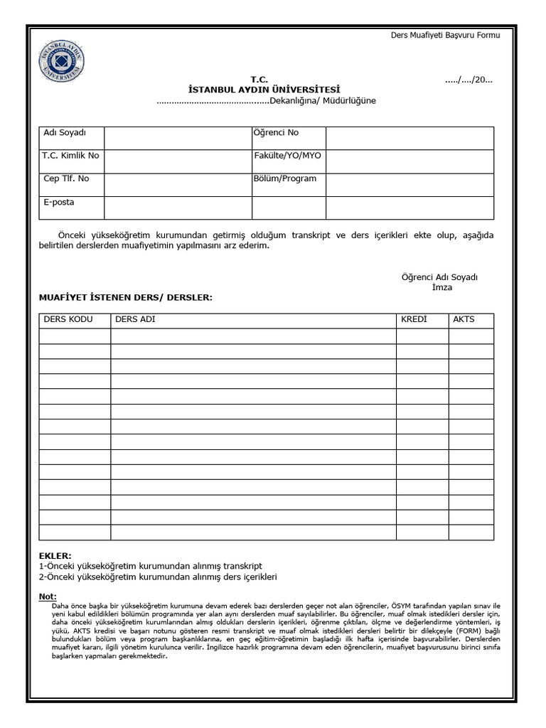Ders Muafiyeti Basvuru Formu | PDF