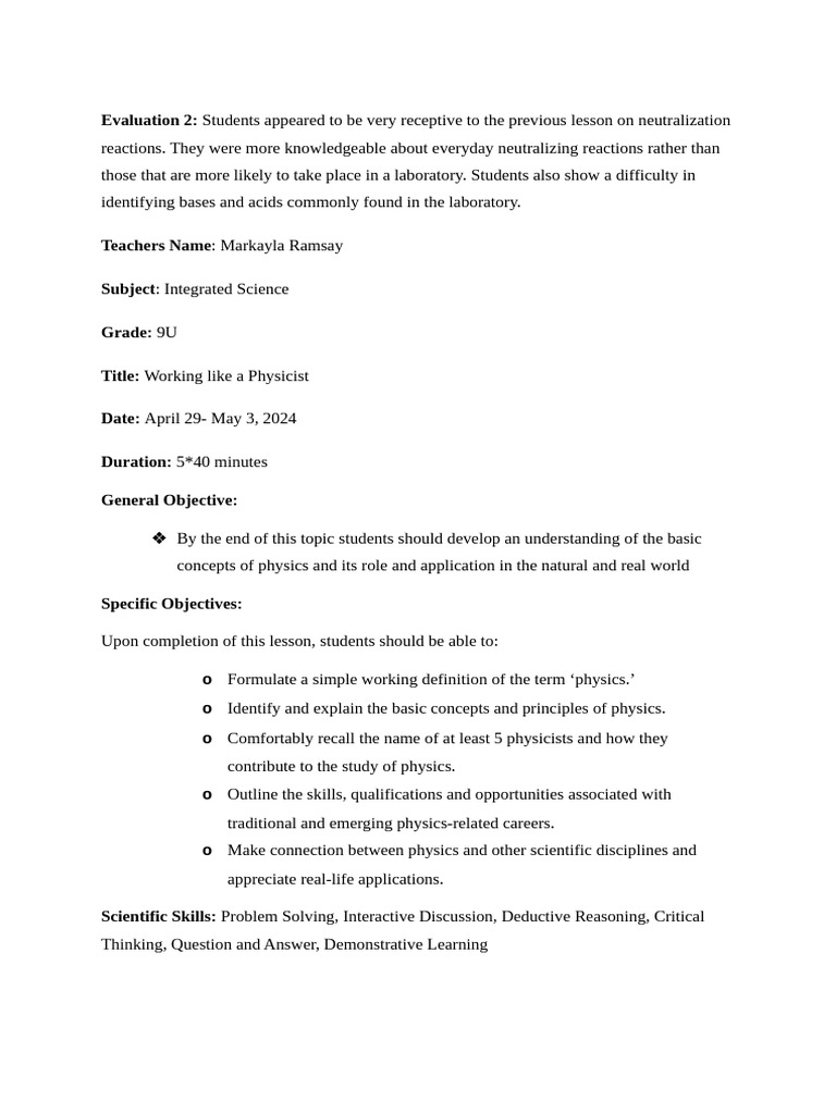 Grade 9 U Lesson Plan - Integrated Science - Working Like A Physicist ...