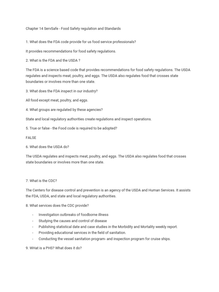 Chapter 14 ServSafe - Food Safety Regulation and Standards | PDF | Food ...