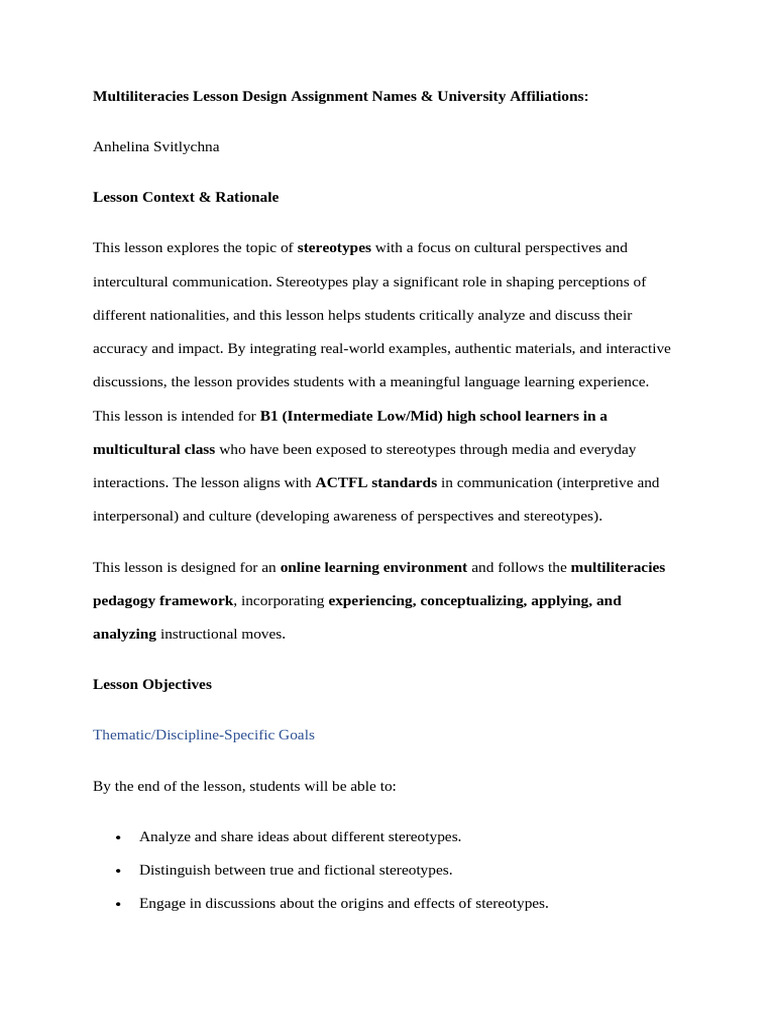 Multiliteracies Lesson Design Assignment Names | PDF | Cognitive Science | Education Theory