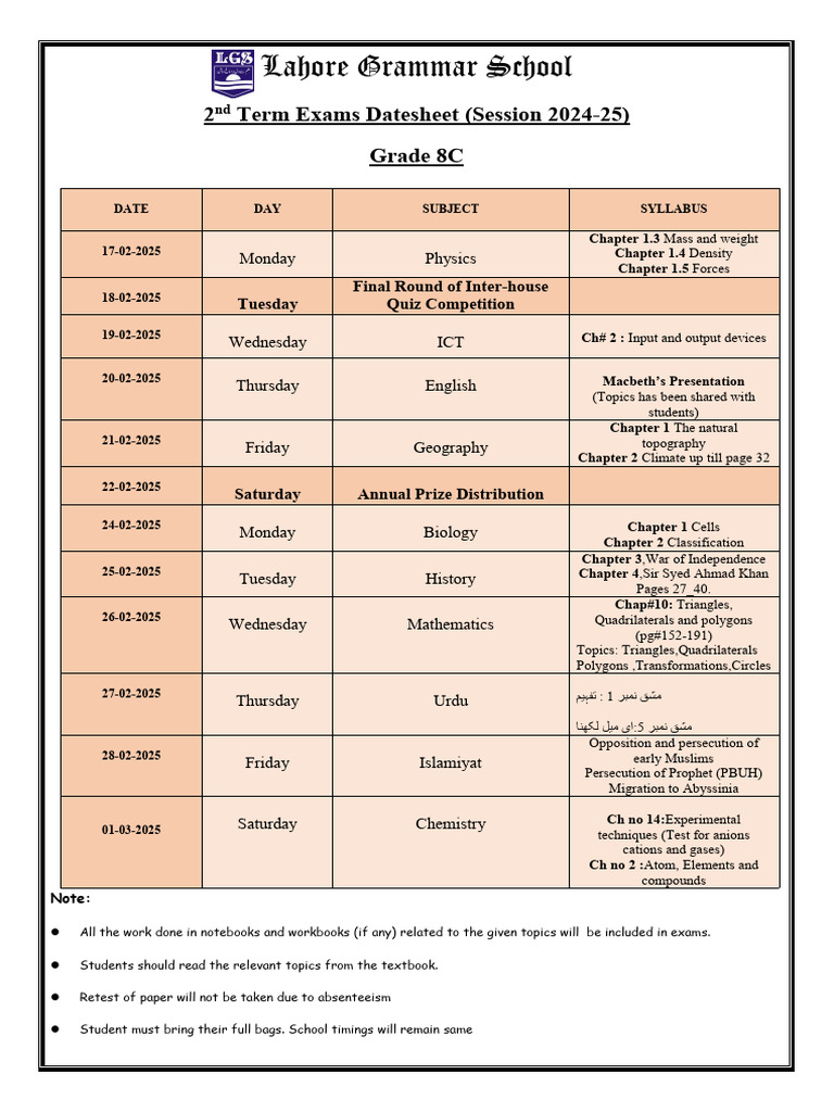 Grade 8C Mid-Term Exams Datesheet (Updated) Session 2024-25 | PDF ...