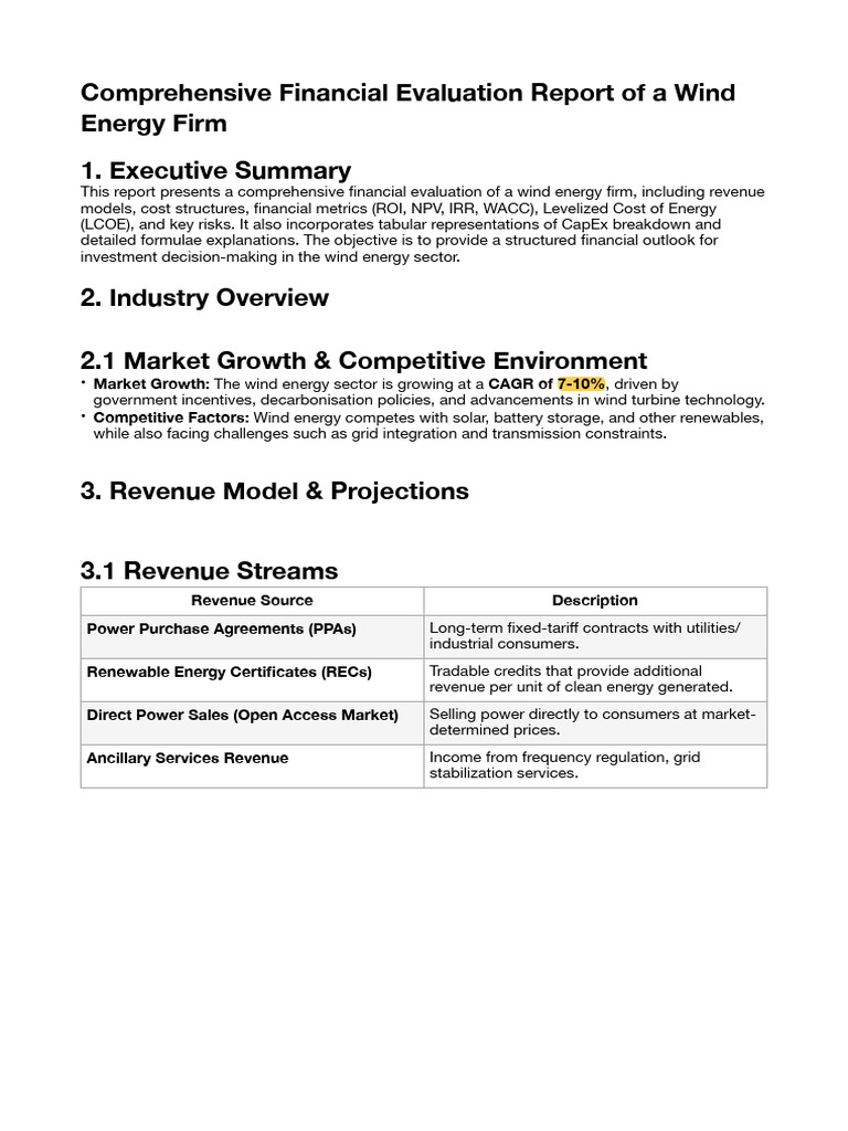Comprehensive Financial Evaluation Report of A Wind Energy Firm | PDF ...