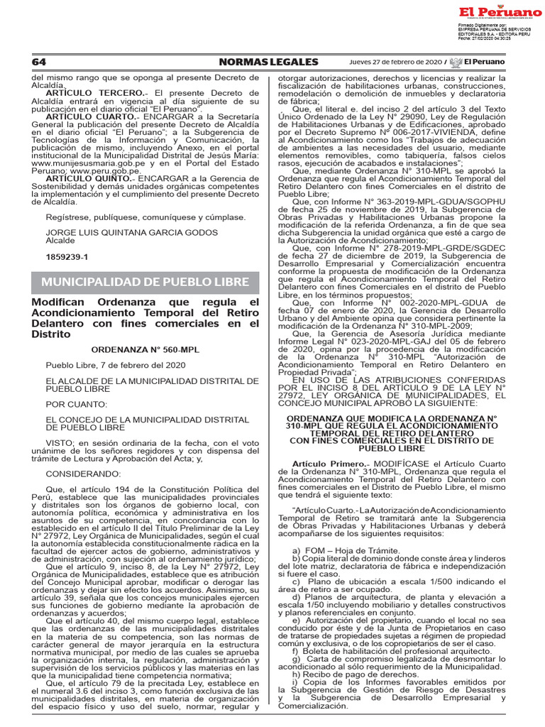 Ord. 560 - MPL | PDF | Gobierno local | Perú