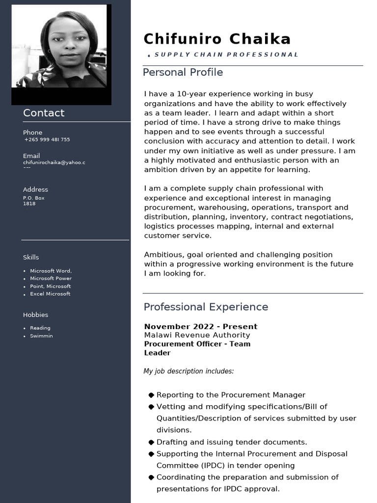 Chifuniro Chaika CV - New Word | PDF | Procurement | Supply Chain