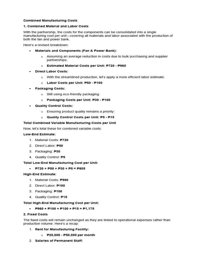 Combined Manufacturing Cost Breakdown | PDF