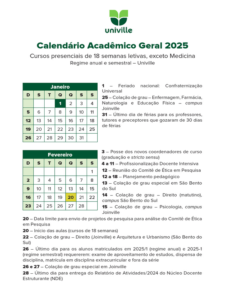 Calendário Acadêmico Univille 2025 | PDF