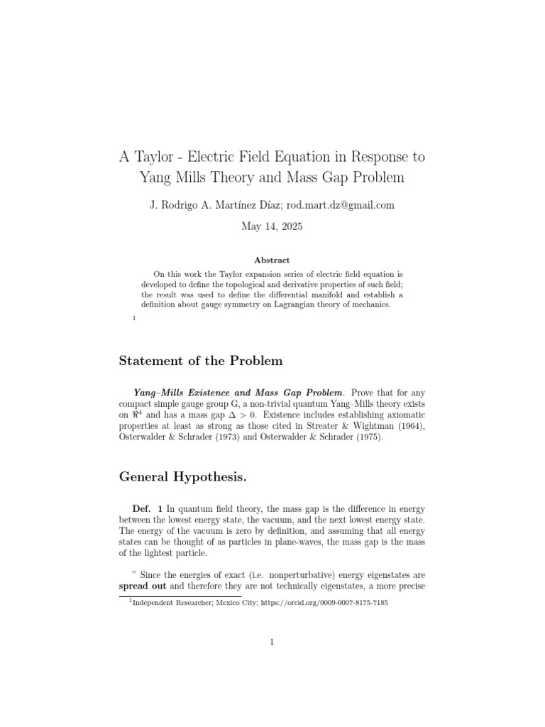 A Taylor - Electric Field Equation in Response To Yang Mills Theory and Mass Gap Problem | PDF ...