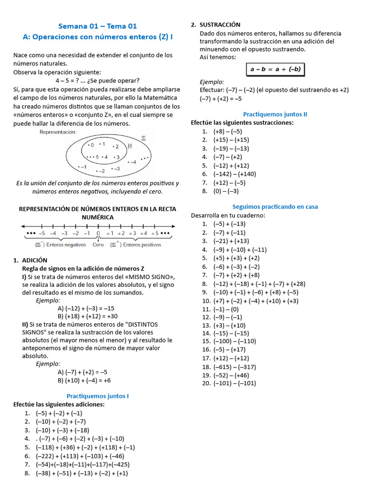 01 A - Operaciones - Con - Números - Enteros | PDF | Sustracción | Entero