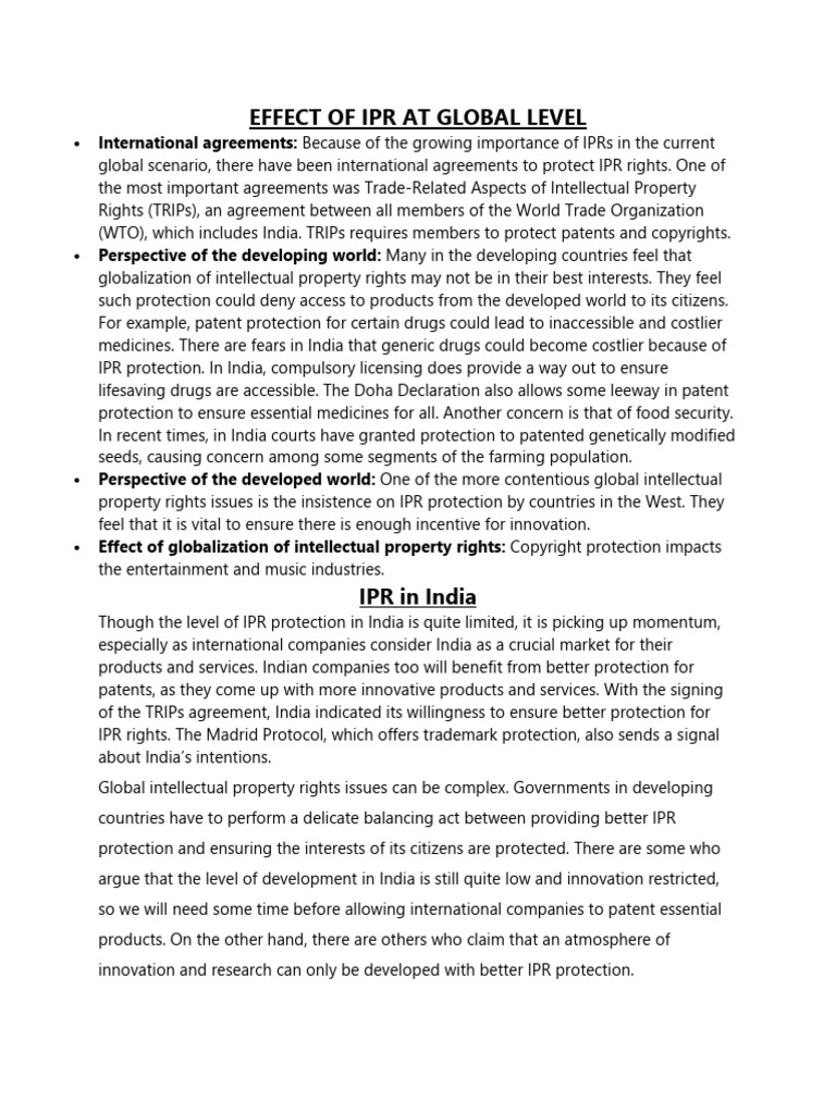 Effect of Ipr at Global Level | PDF | Intellectual Property | Trips ...
