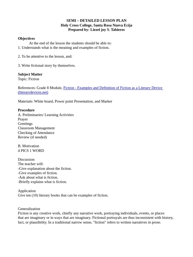 TABIEROS, LIEZEL S. BSEDE 2-B Lesson Plan | PDF | Fantasy | Romance Novels