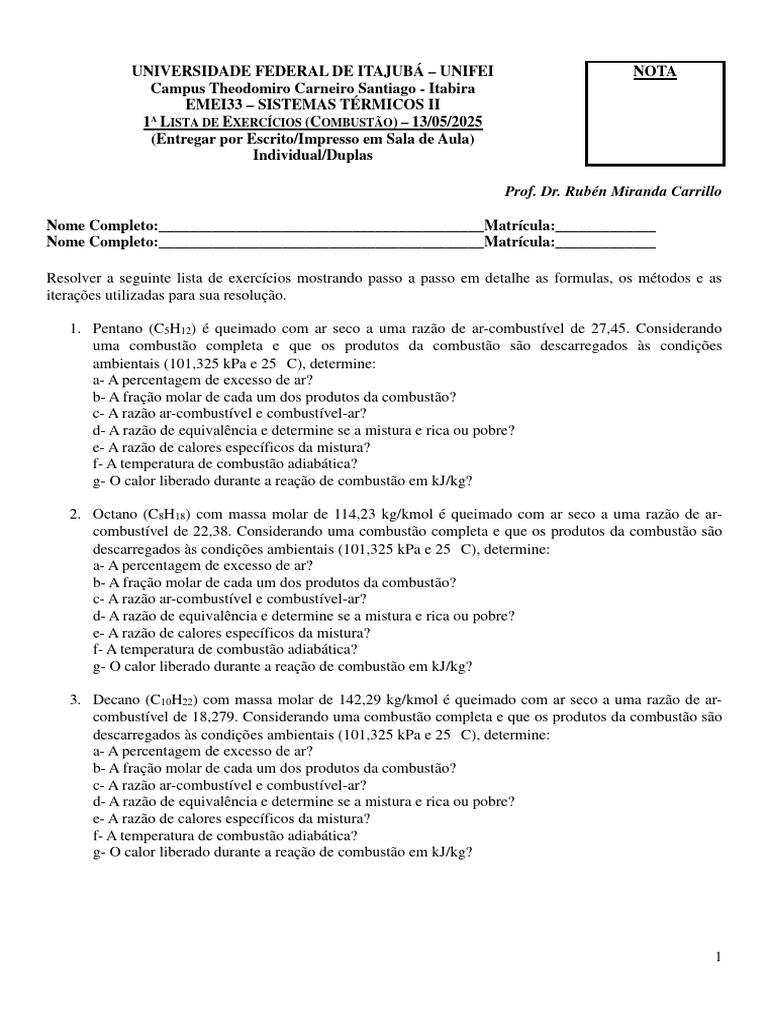 EMEI33_-_1a_Lista_de_Exerccios_-_Combusto_06-05-2025 | PDF | Combustão ...