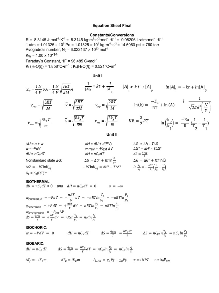 Chemistry 2 Equation and Formula Sheet | PDF