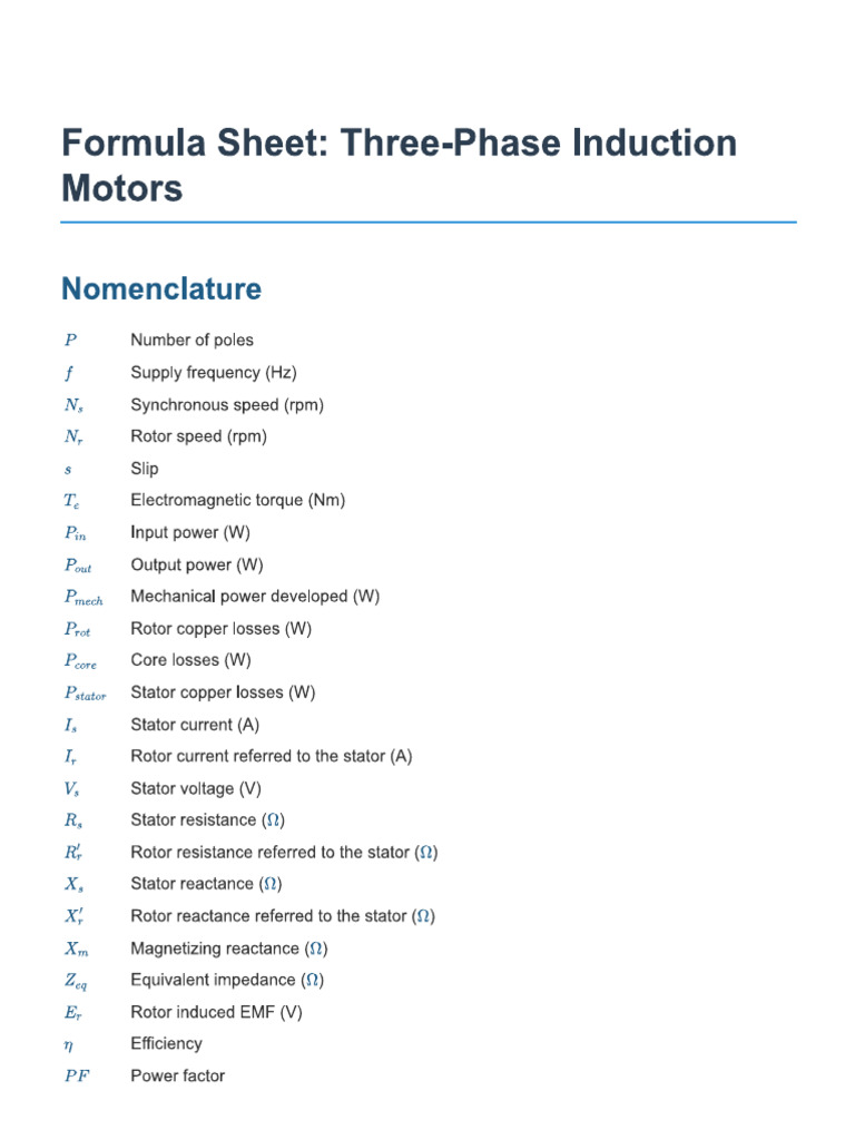 Formula Sheet 3 Phase Induction Motor | PDF