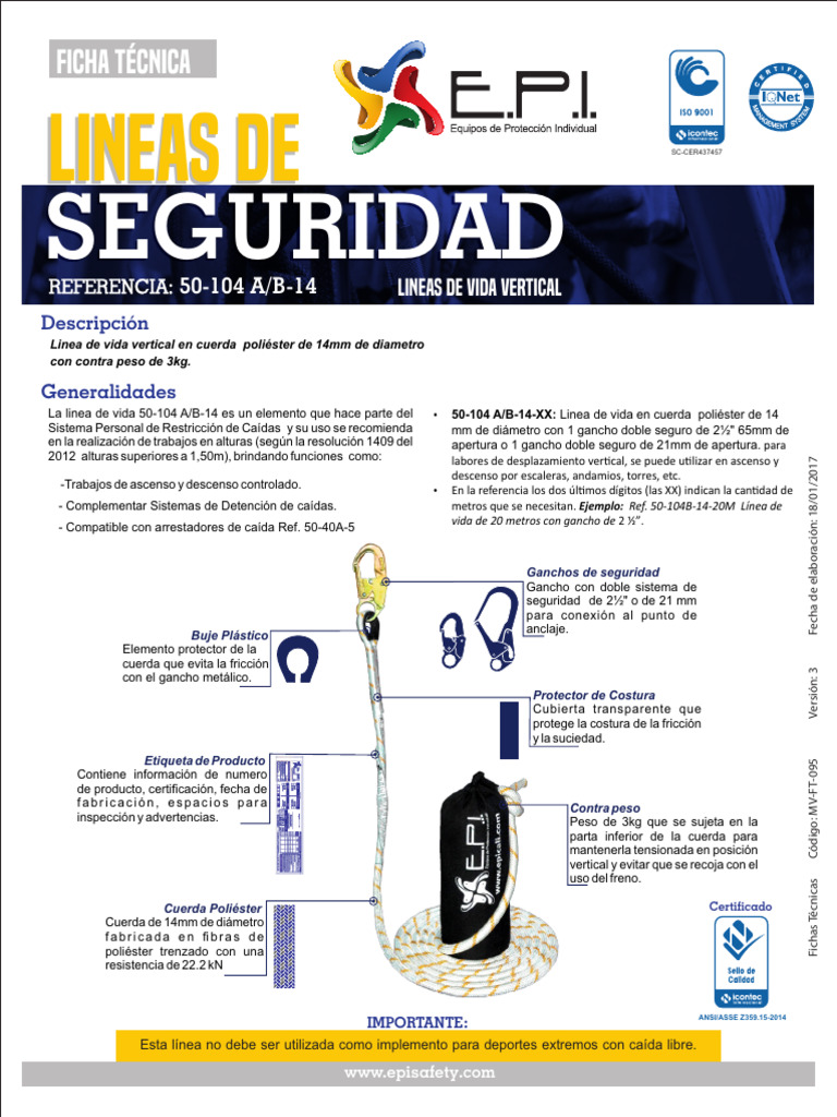 Línea de Vida Vertical 50-104 A/B-14 | PDF | Cuerda