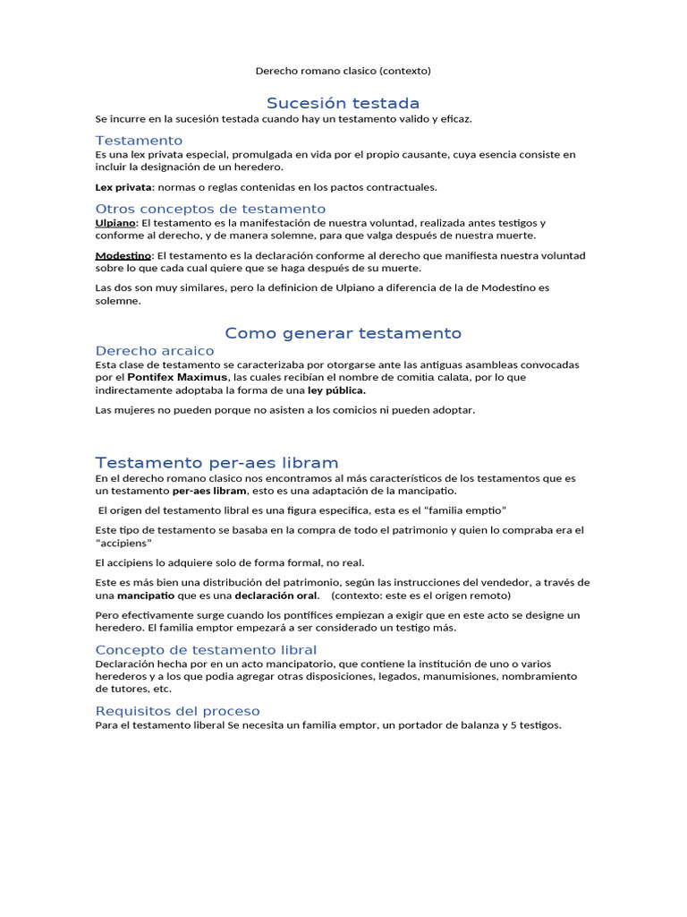 Sucesión Testada en Derecho Romano | PDF | Herencia | Voluntad y testamento