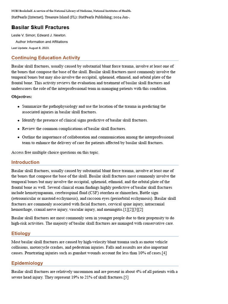 Overview of Basilar Skull Fractures | PDF | Meningitis | Cerebrospinal ...