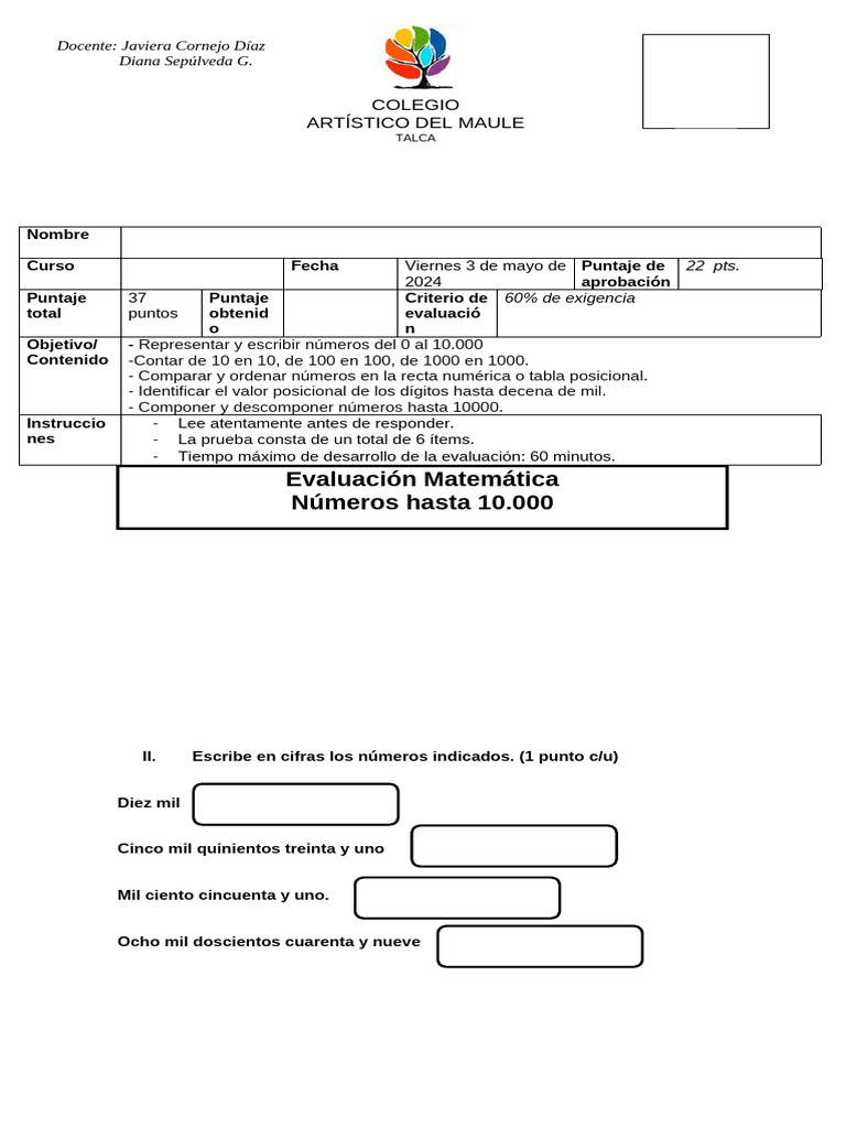 Prueba Matemática Números Hasta 10.000 | PDF | Matemáticas | Vocabulario