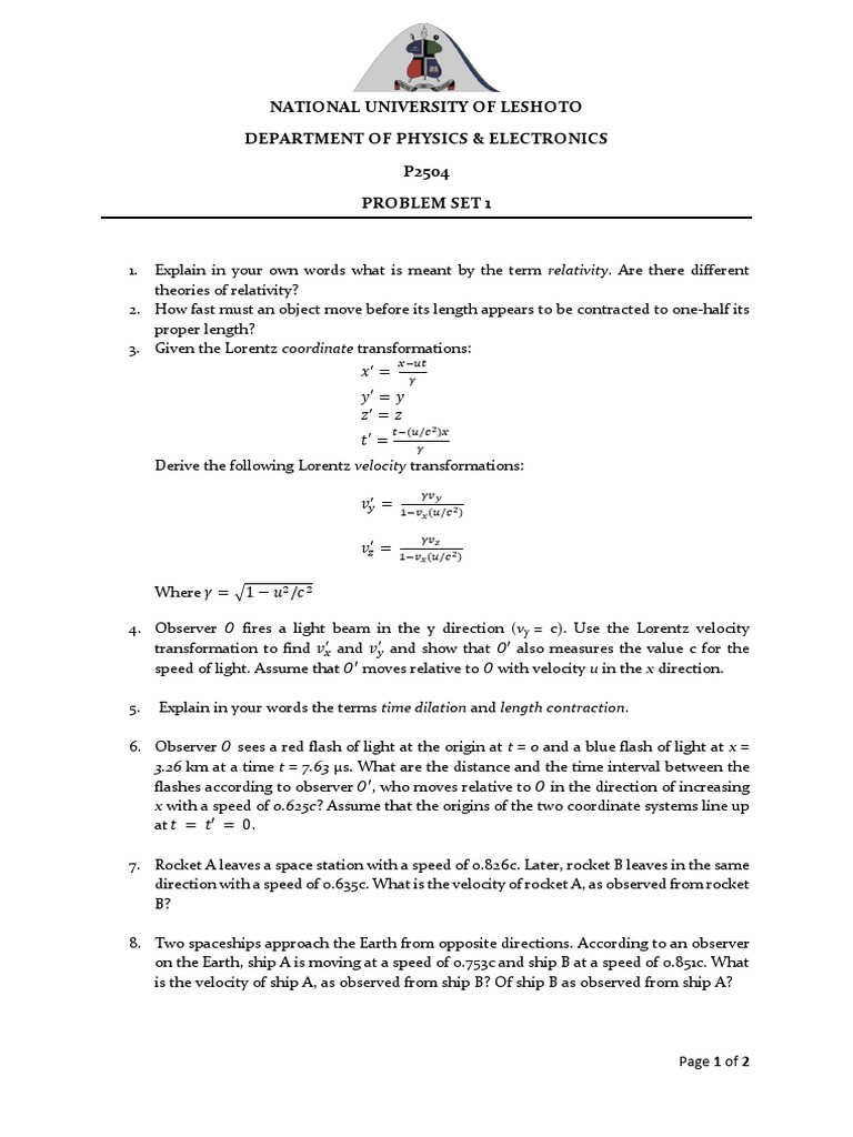 P2504 Problem Set 1 - 2021-2022 | PDF | Special Relativity | Metrology