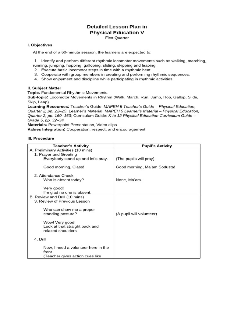 Detailed Lesson Plan in PEH | PDF | Animal Locomotion | Curriculum