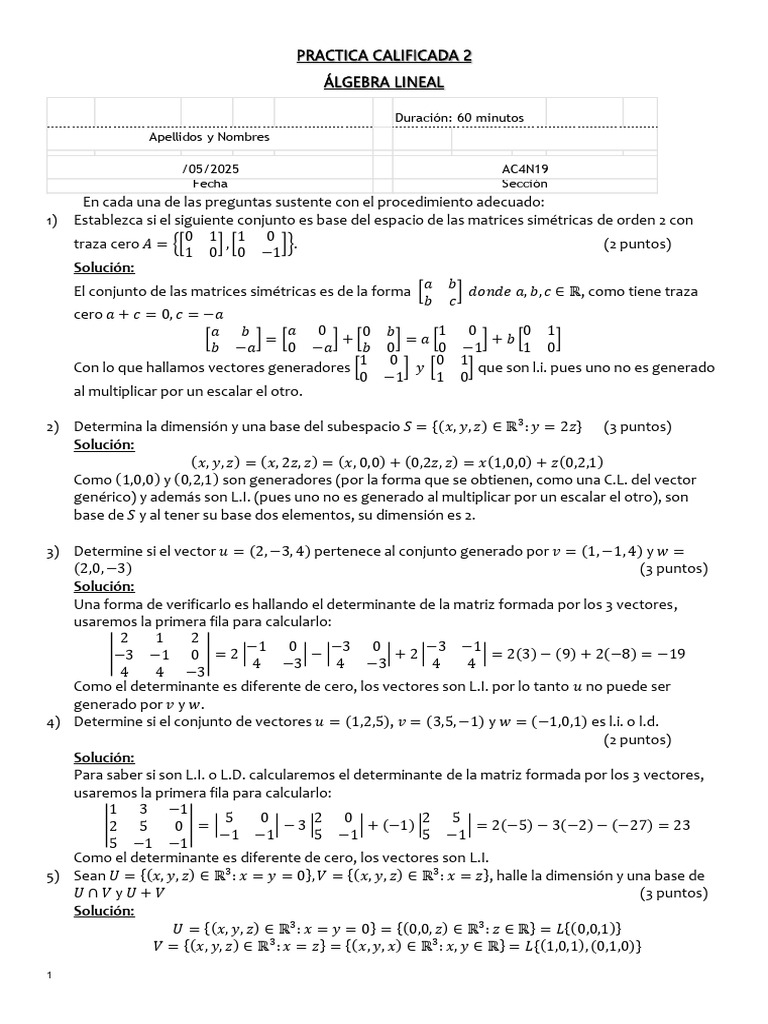PC2 AL Solucionario | PDF | Mapa lineal | Base (álgebra lineal)