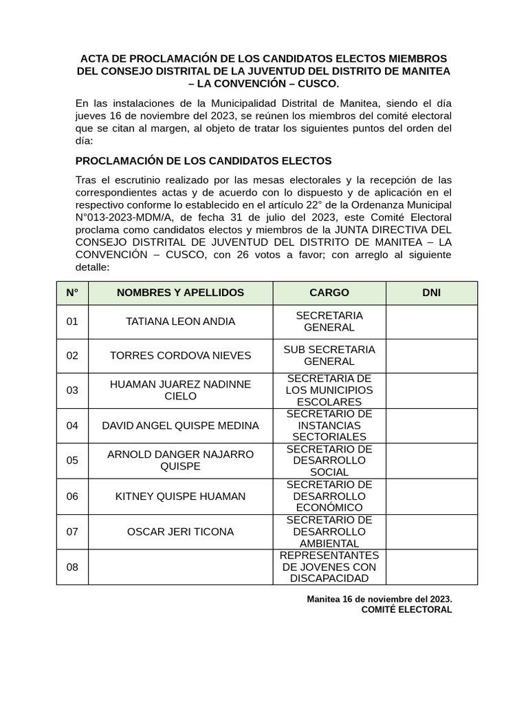 Acta de Proclamación de Los Candidatos Electos Miembros Del Consejo ...