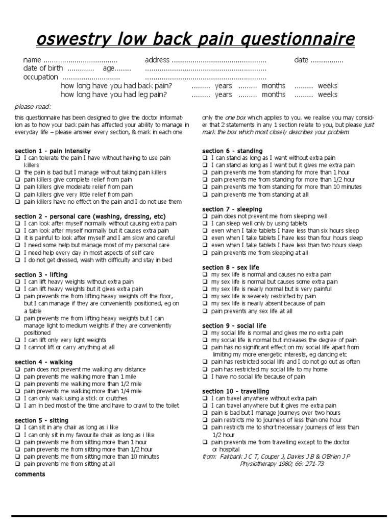 Low Back Pain - Oswestry Qstnaire | PDF | Back Pain | Pain