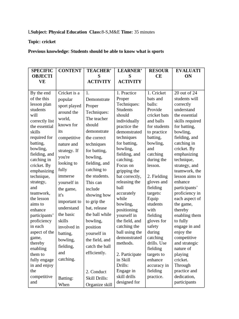 Physical Education First Day Lesson Plan - Es | PDF | Bowling (Cricket ...