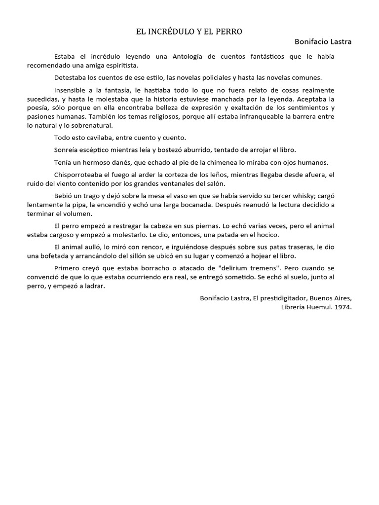 TEXTO El Incrédulo y El Perro, de Bonifacio Lastre | PDF
