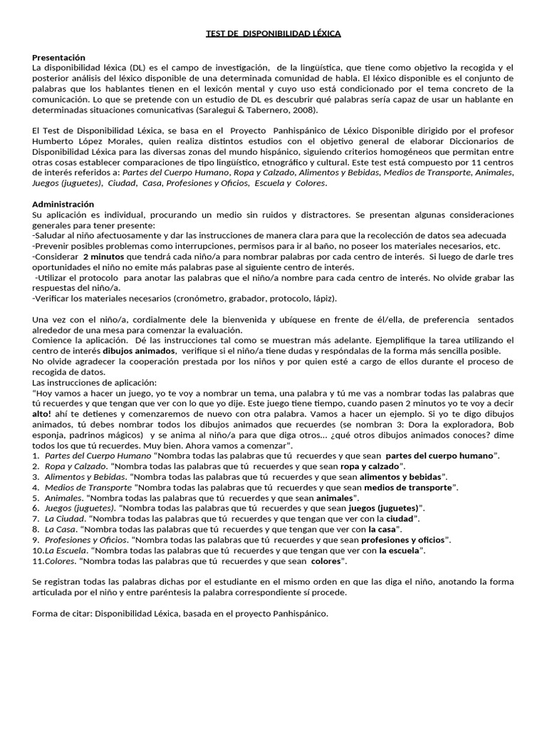 Descripción Test de Disponibilidad Léxica | PDF | Léxico | Lingüística
