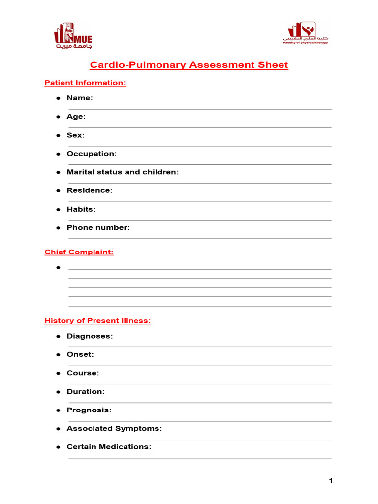 Cardio-Pulmonary Assessment Sheet | PDF | Medicine | Cardiovascular System