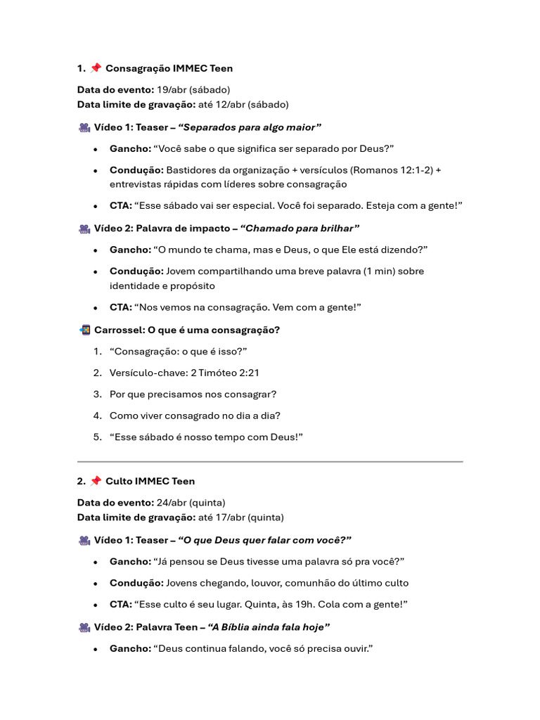 Calendario Immec Teen 2025 | PDF | Oração