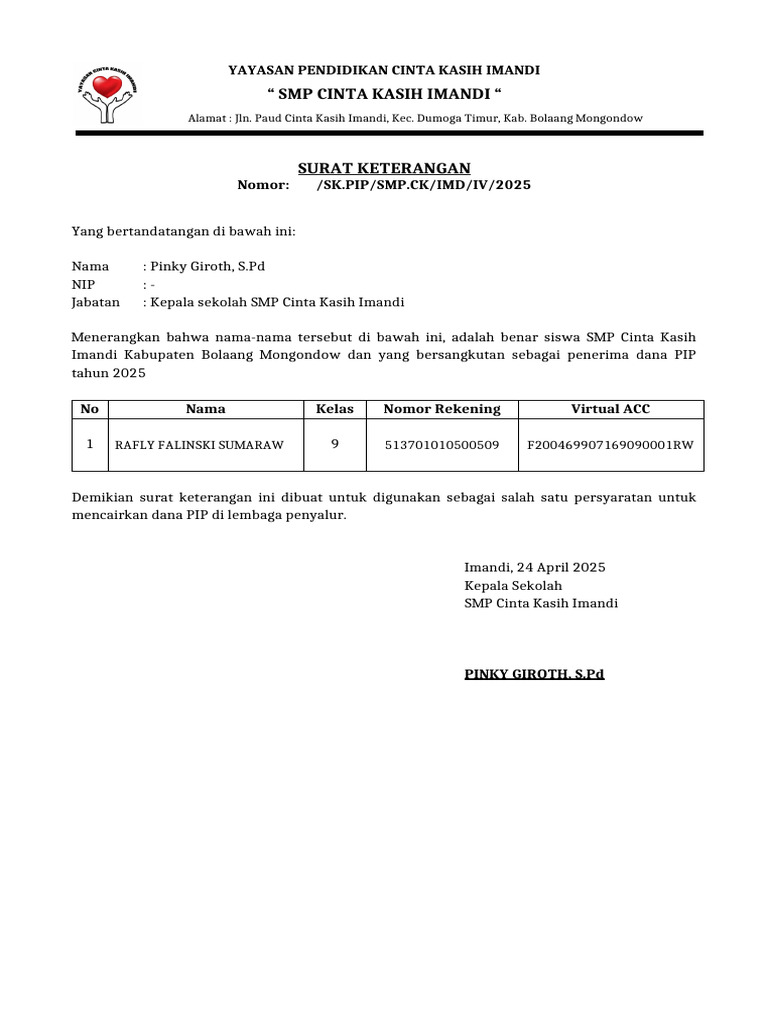 Surat Keterangan Kepsek PIP | PDF