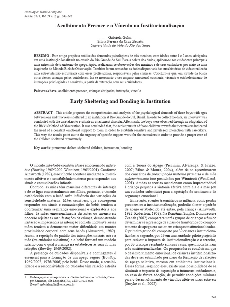 Artigo Acolhimento Precoce EC | PDF | Teoria do Apego | Psicologia