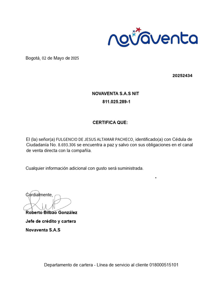 Paz y Salvo Novaventa 2025 | PDF